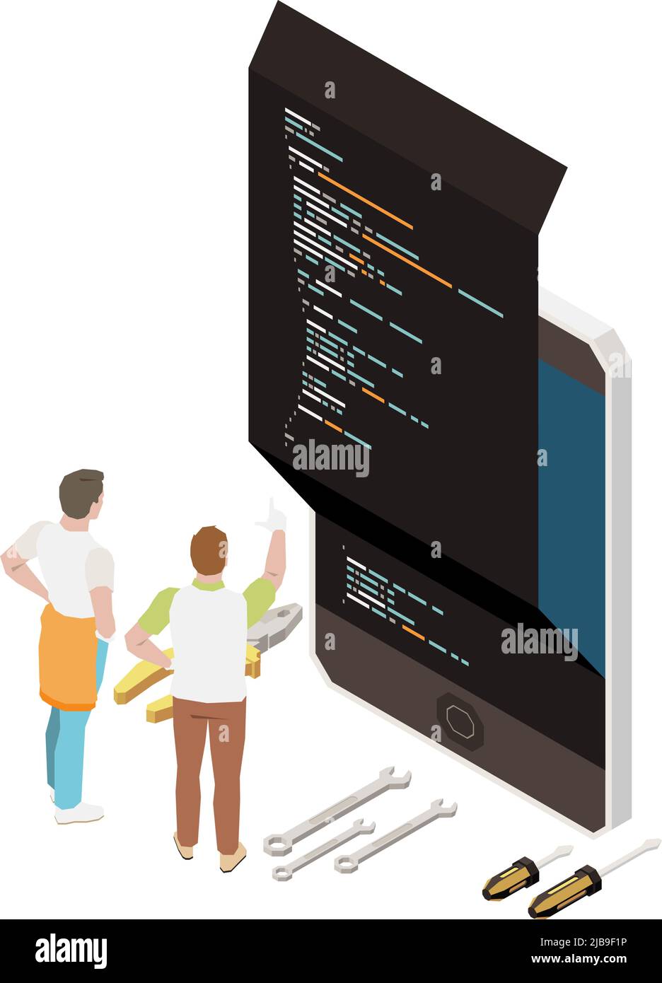 Programming Development Isometric Composition With Characters Of Programmers With Smartphone