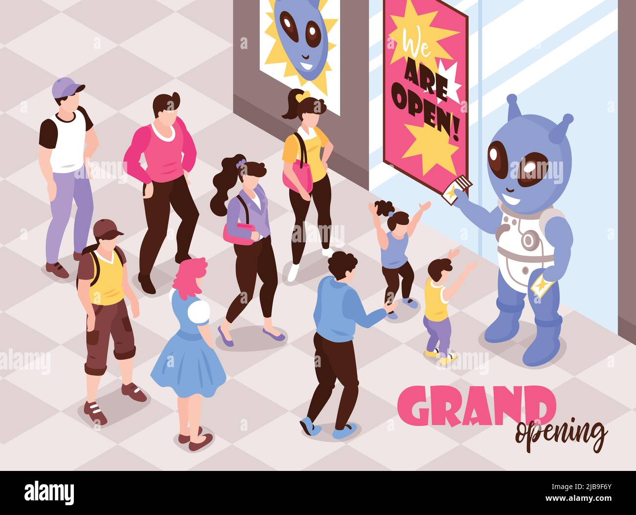 Electronics sales grand opening with products promoter in computer game ...