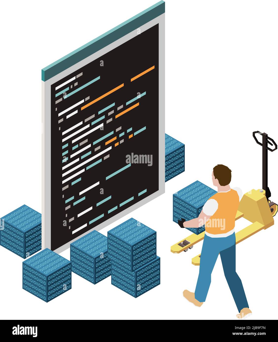 Programming development isometric composition with character of programmer moving cubes of code ...