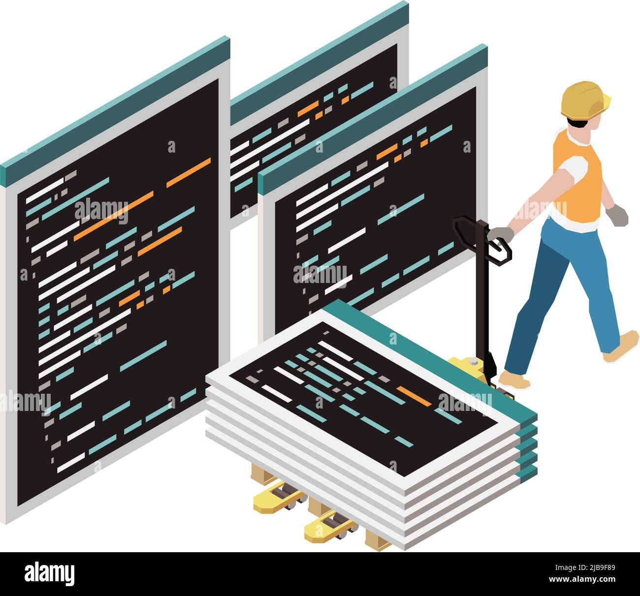 Programming Development Isometric Composition With Character Of Programmer Moving Forklift With
