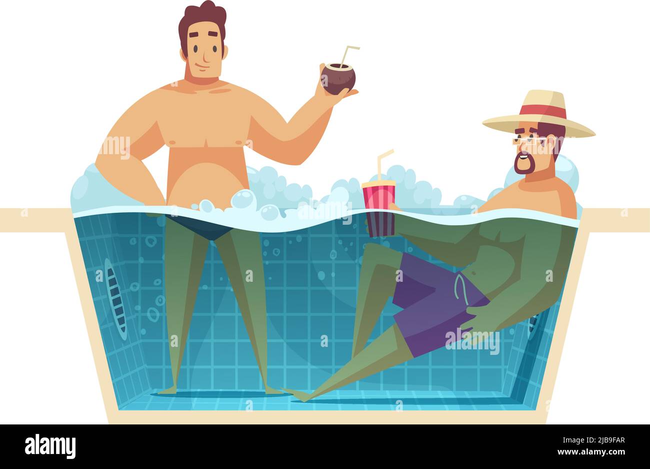 Aquapark composition with profile view of bath tub and two male ...