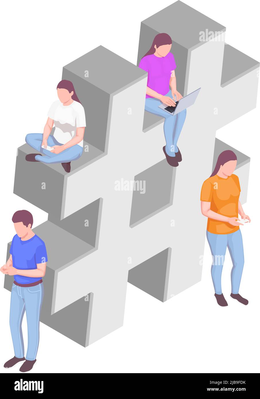 Social network isometric icons composition with image of hashtag with ...