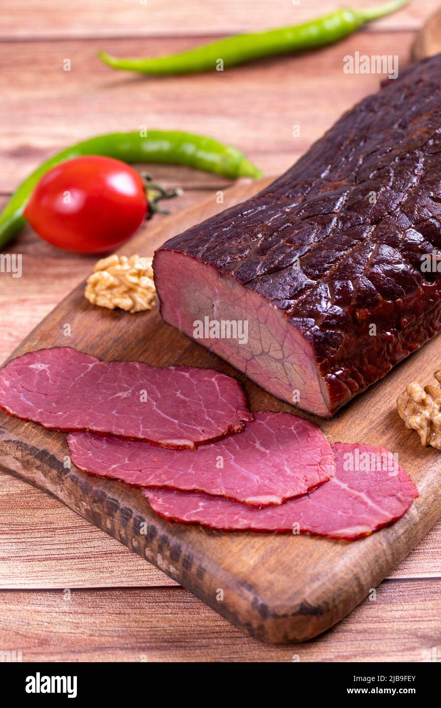 Dry meat. Dried meat made from ribeye meat. Close-up. local name kuru ...