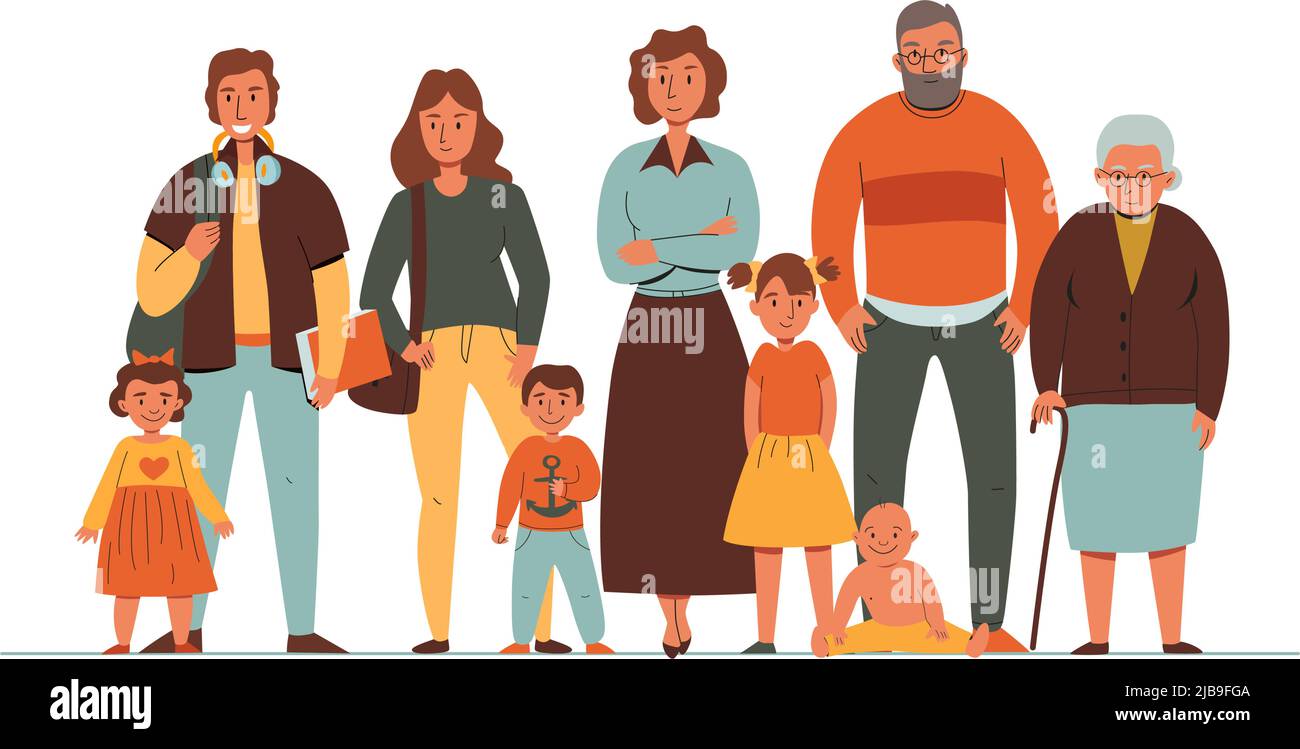 Generations family composition with flat cartoon style characters of ...