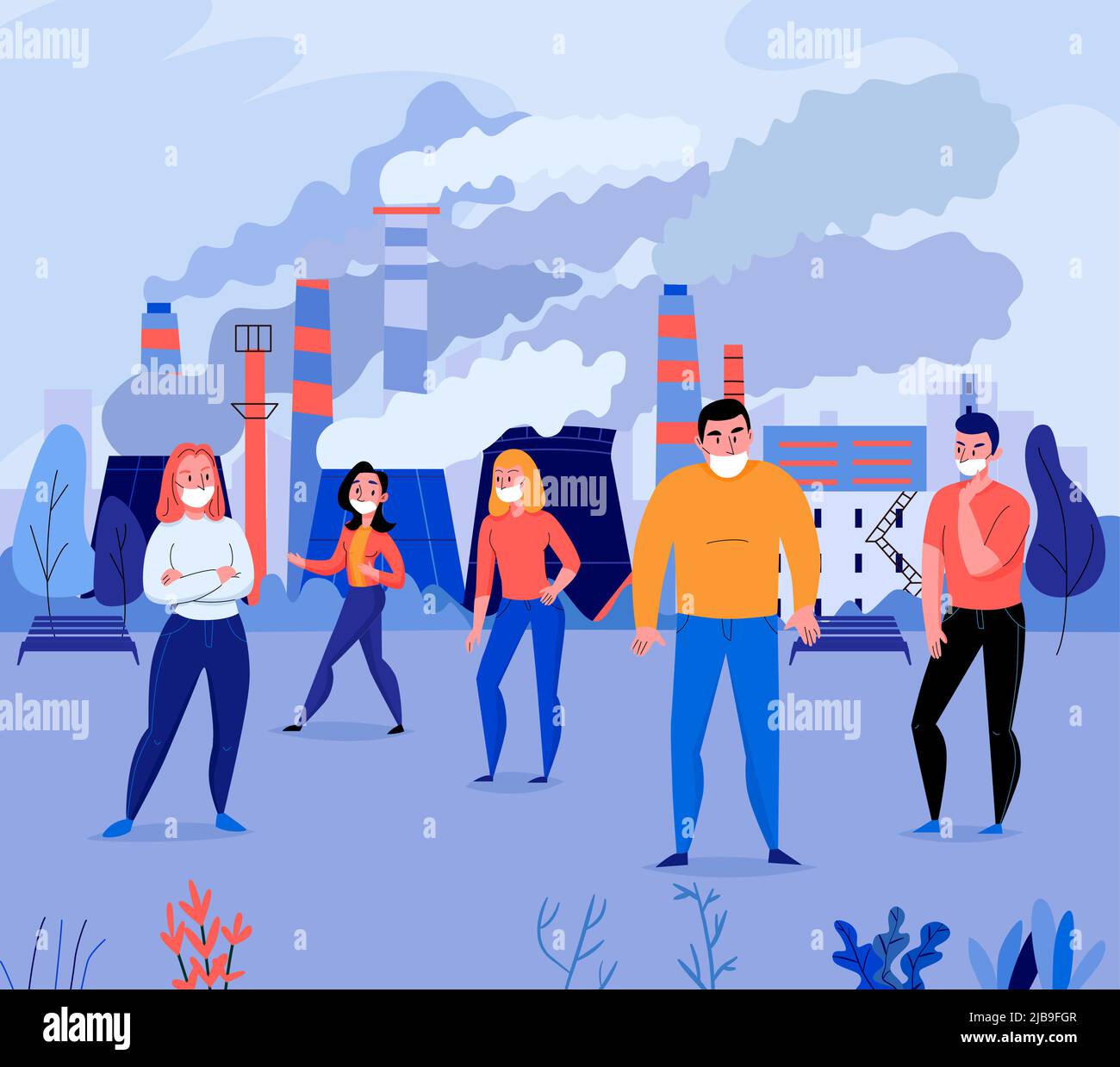Pollution flat background with group of people wearing face masks near ...