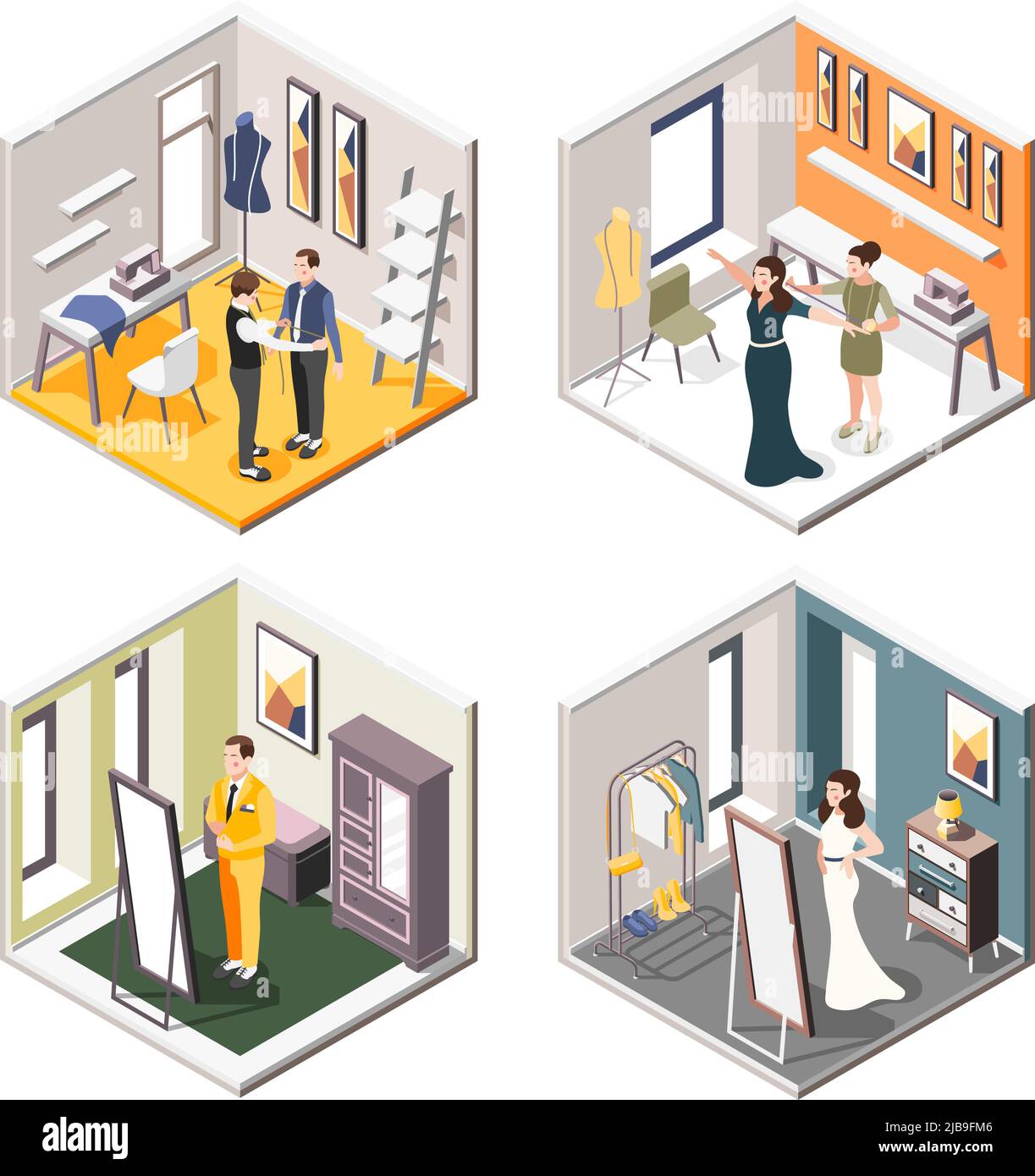 Wedding planning 2x2 design concept set of isometric interiors of ...