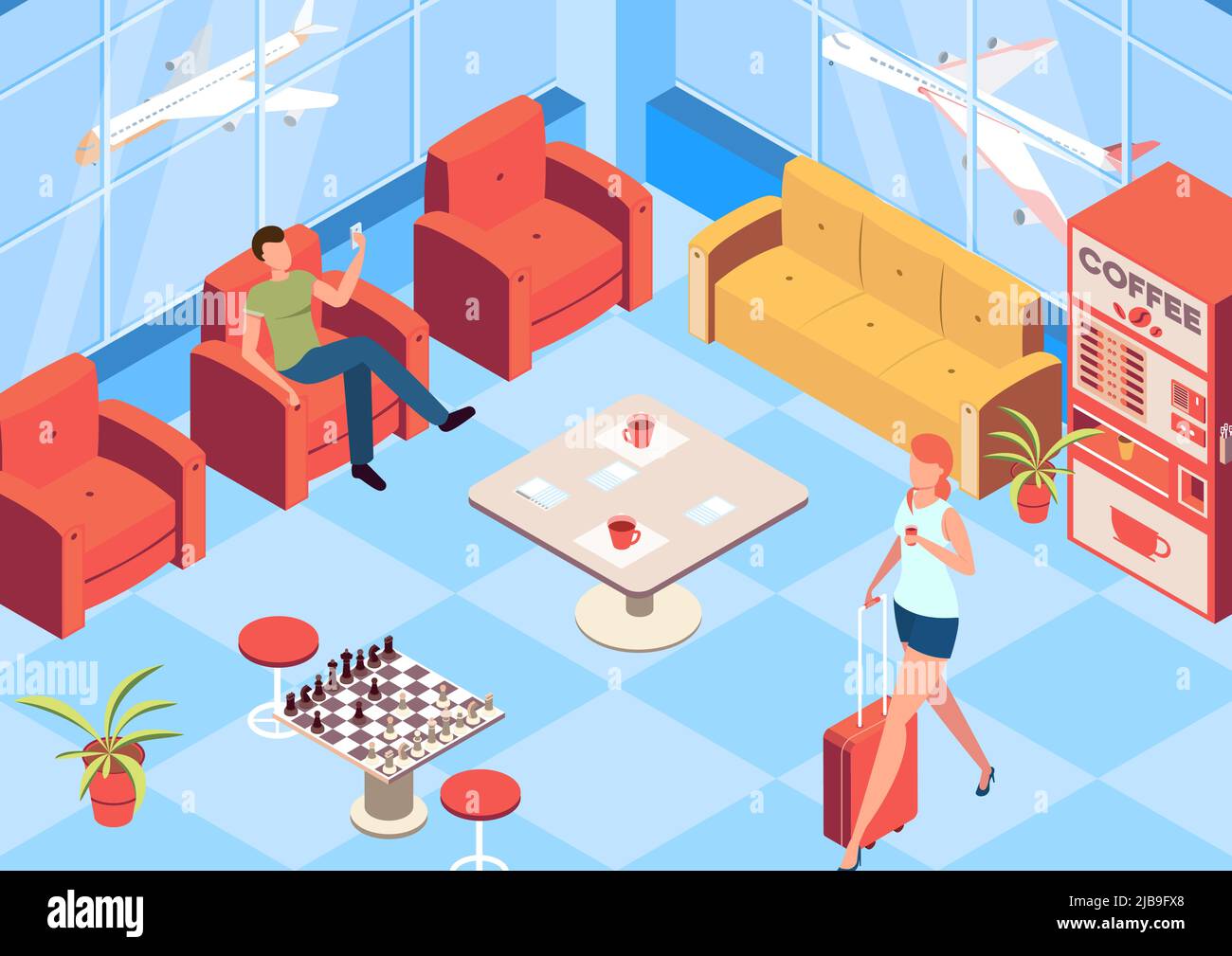 Vip airport waiting room isometric background with chess and coffee ...