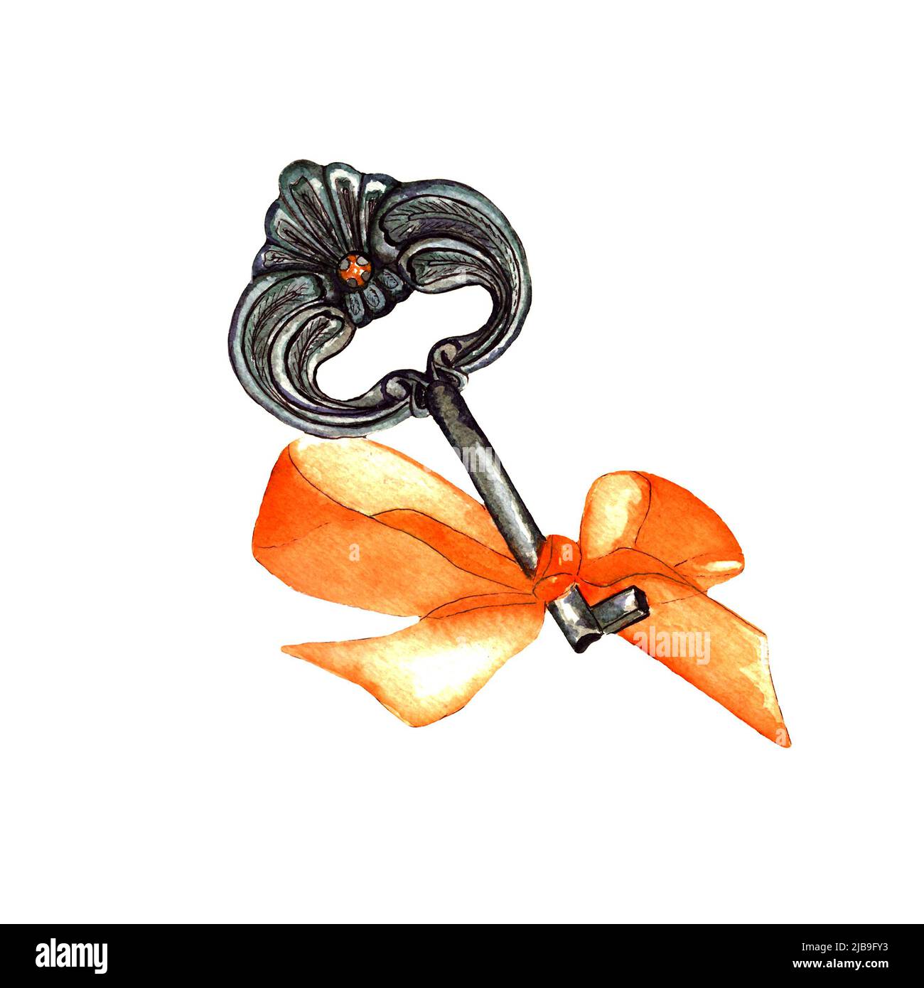 Watercolor illustation old vintage key with a orange ribbon Stock Photo ...