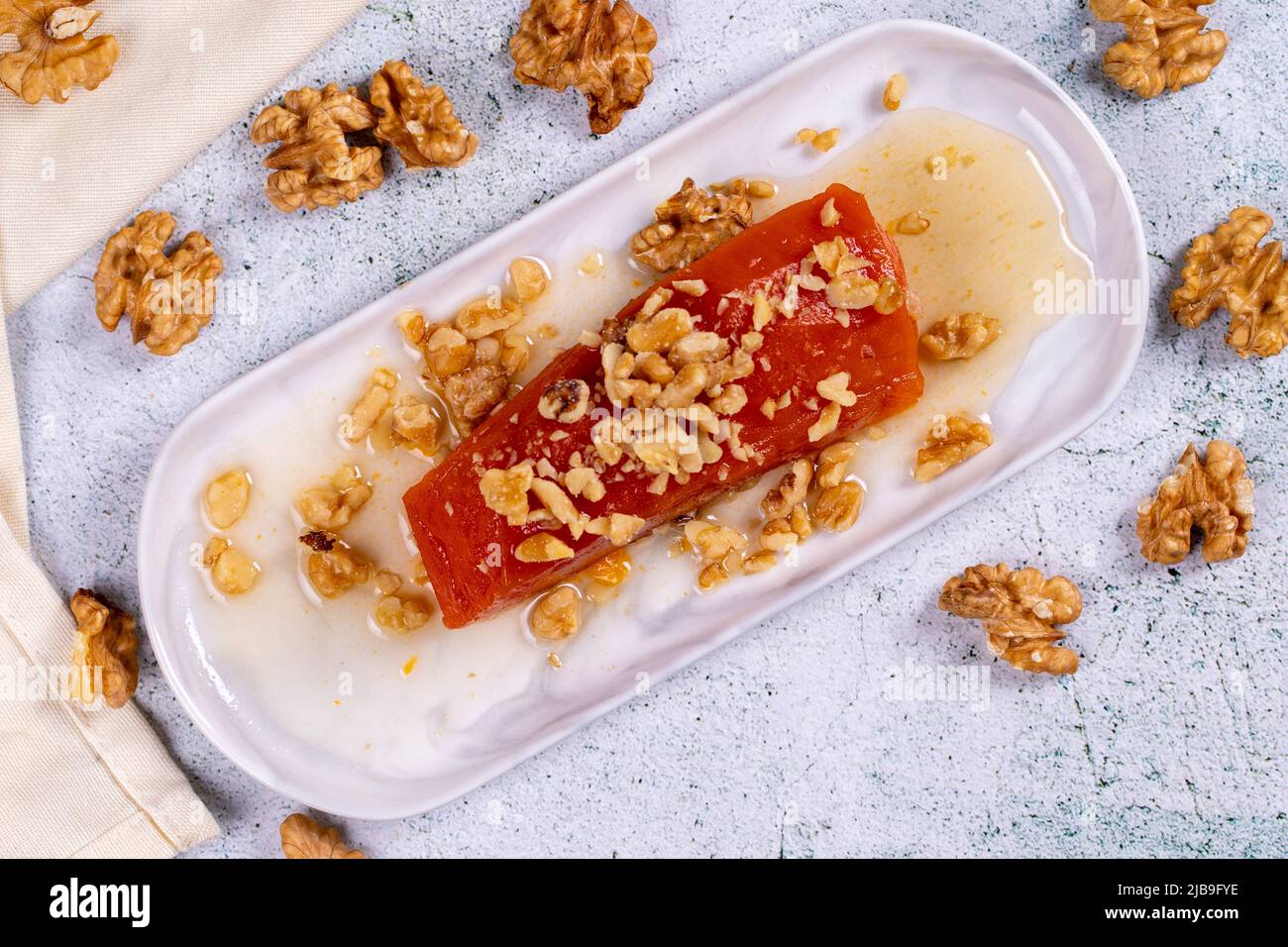 Pumpkin dessert. Traditional Turkish cuisine delicacies. Pumpkin ...