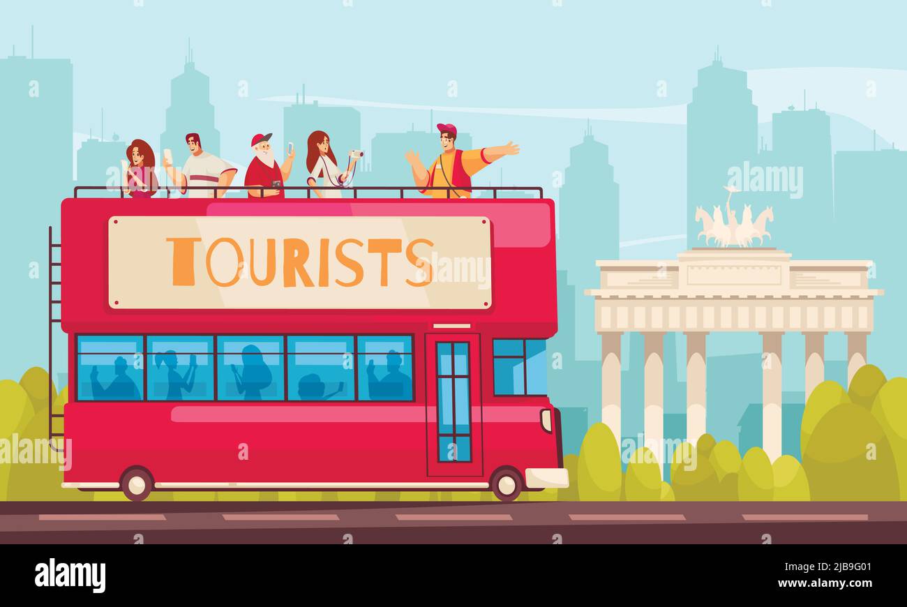 Guide excursion tourist composition with sightseeing bus and people in ...