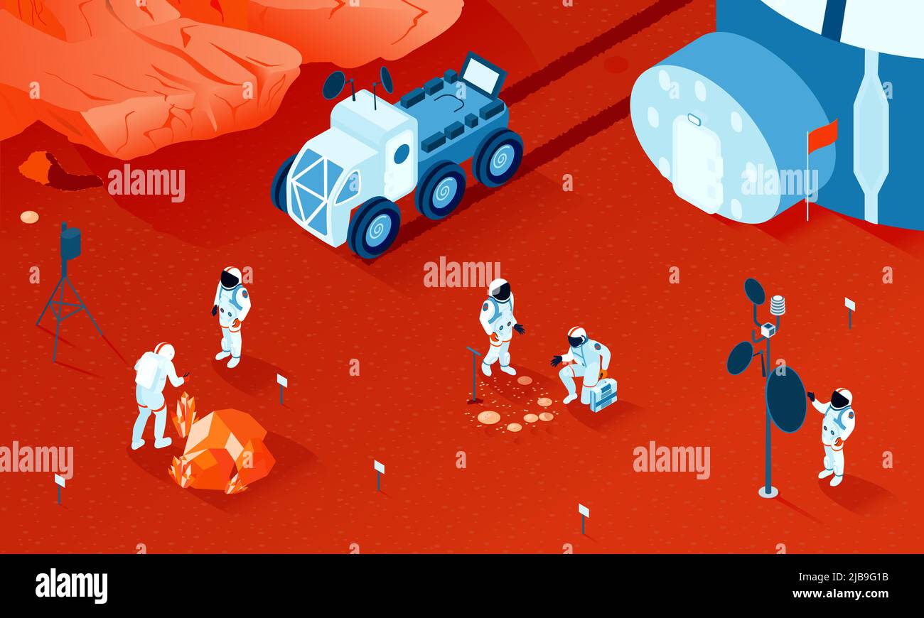 Group of spacemen exploring stones and ground on red planet 3d ...