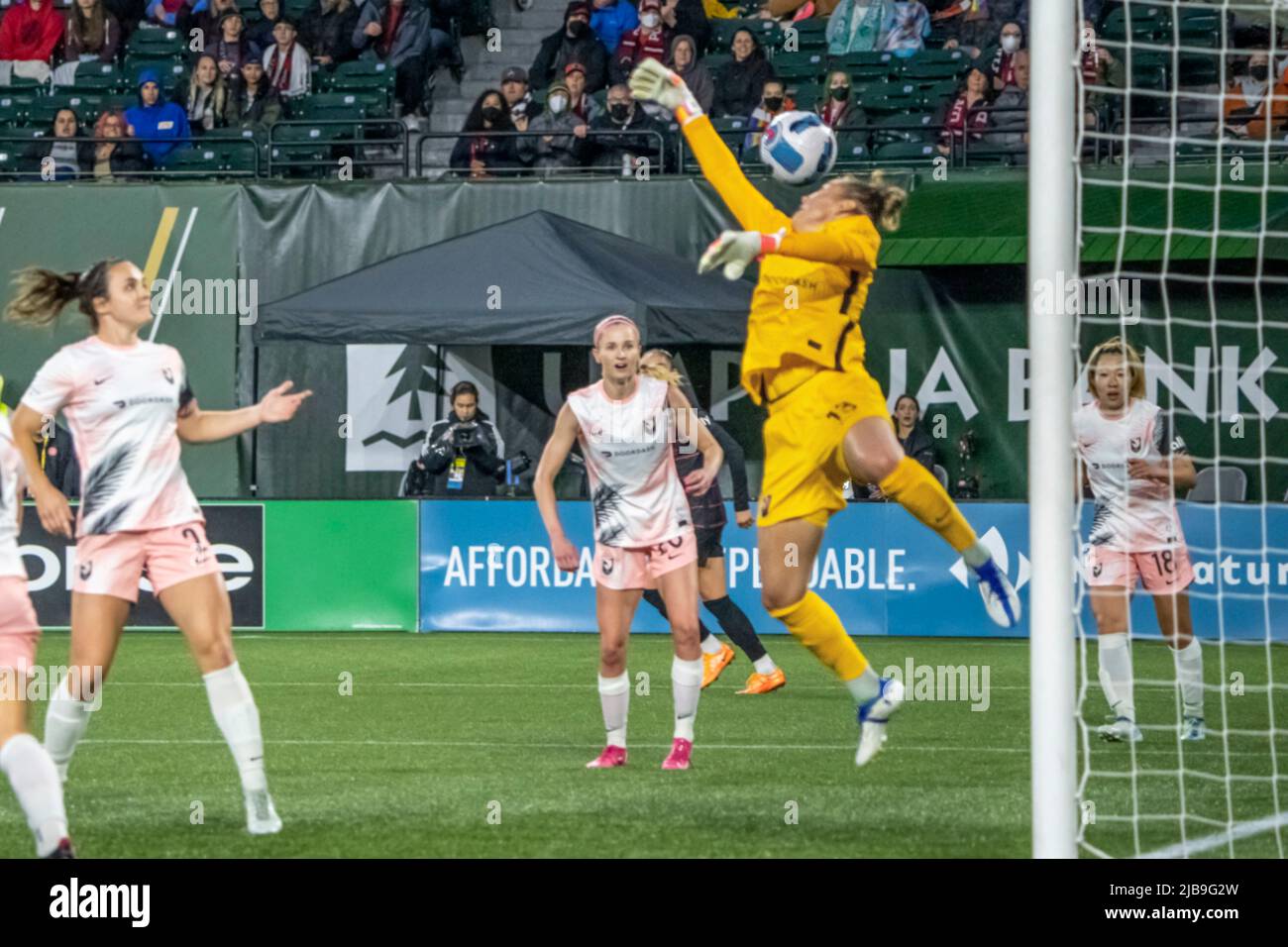 Angel City goalie Didi Haracic misses the block with Portland forward ...