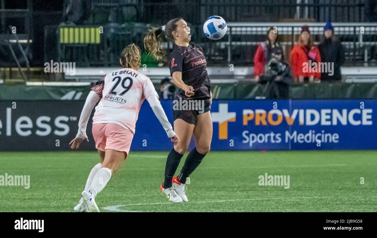 Portland's Sam Coffey brings a ball down with her chest in the Portland ...