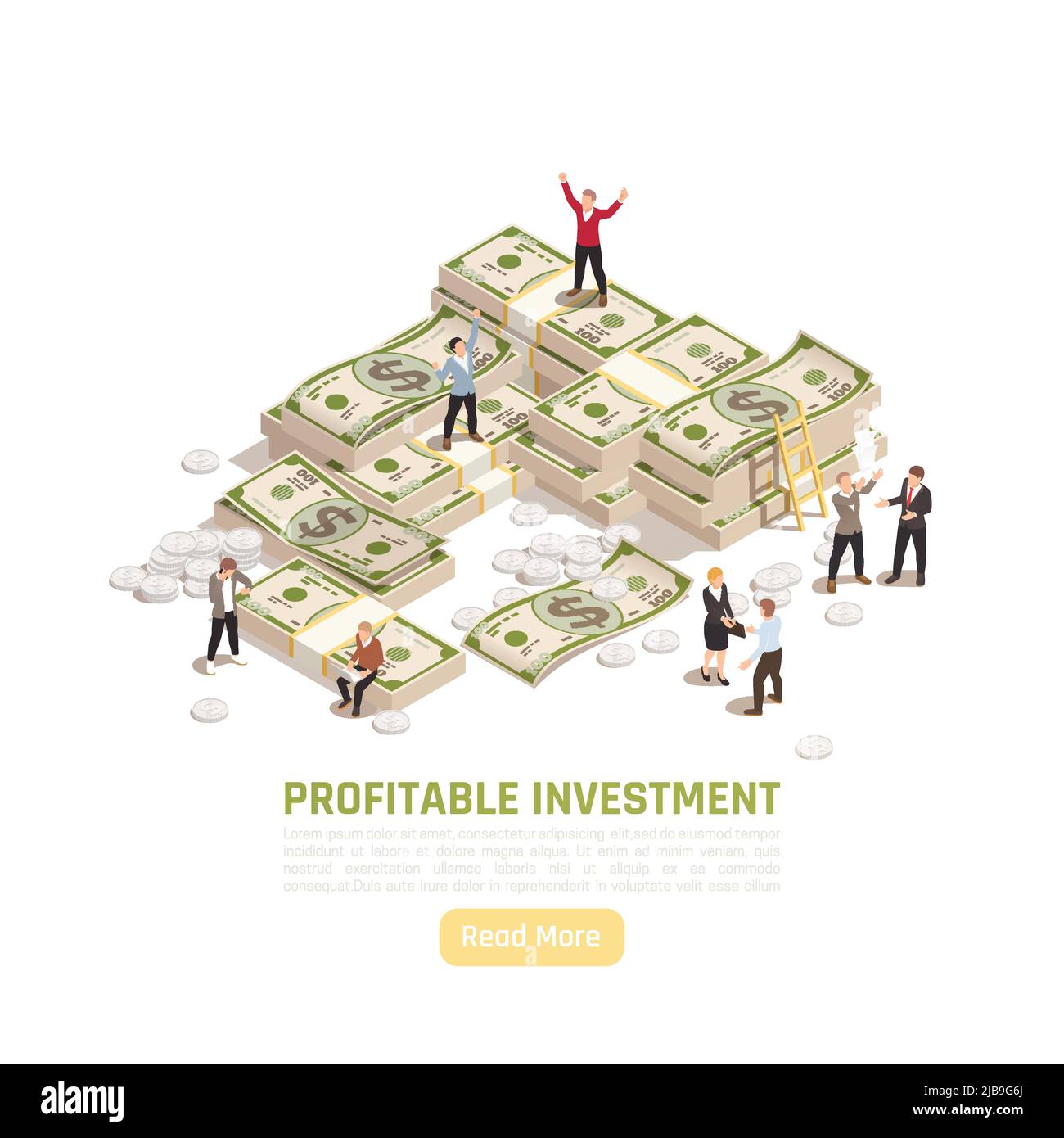 Wealth management isometric background with editable text button and ...