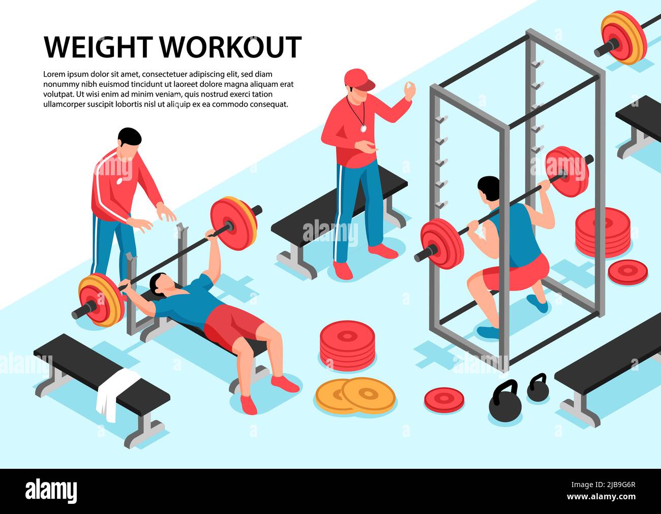 Isometric fitness sport horizontal background composition with editable ...