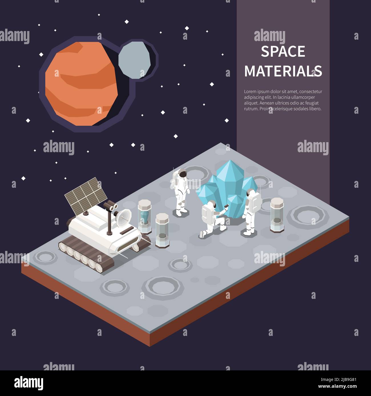 Group of astronauts exploring planet and collecting materials near ...