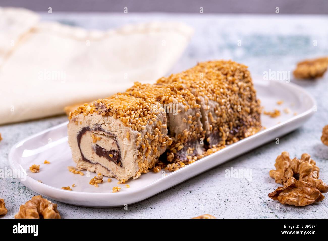 Palace halva. Traditional Turkish cuisine delicacies. Chocolate halva ...