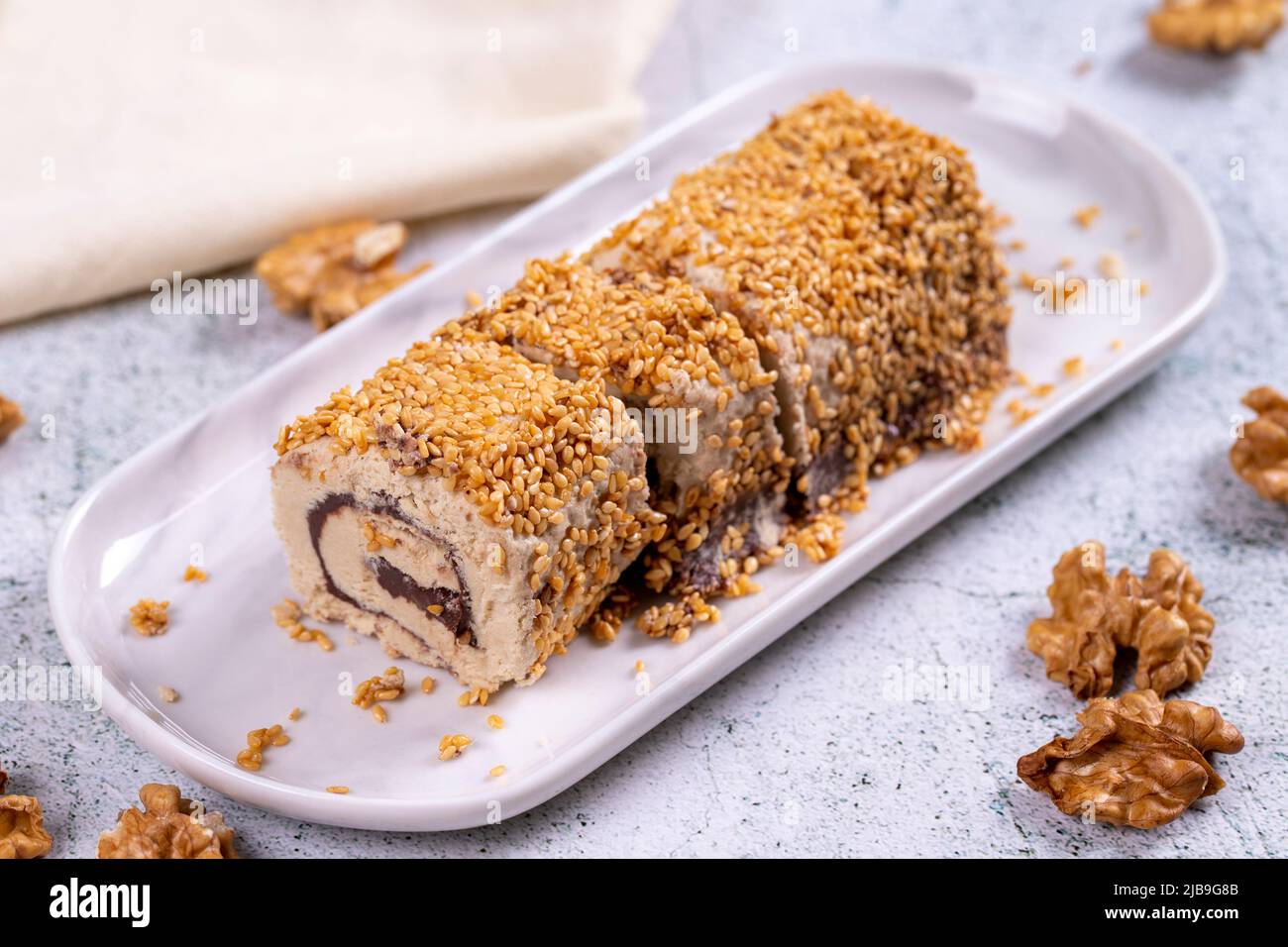 Palace halva. Traditional Turkish cuisine delicacies. Chocolate halva ...