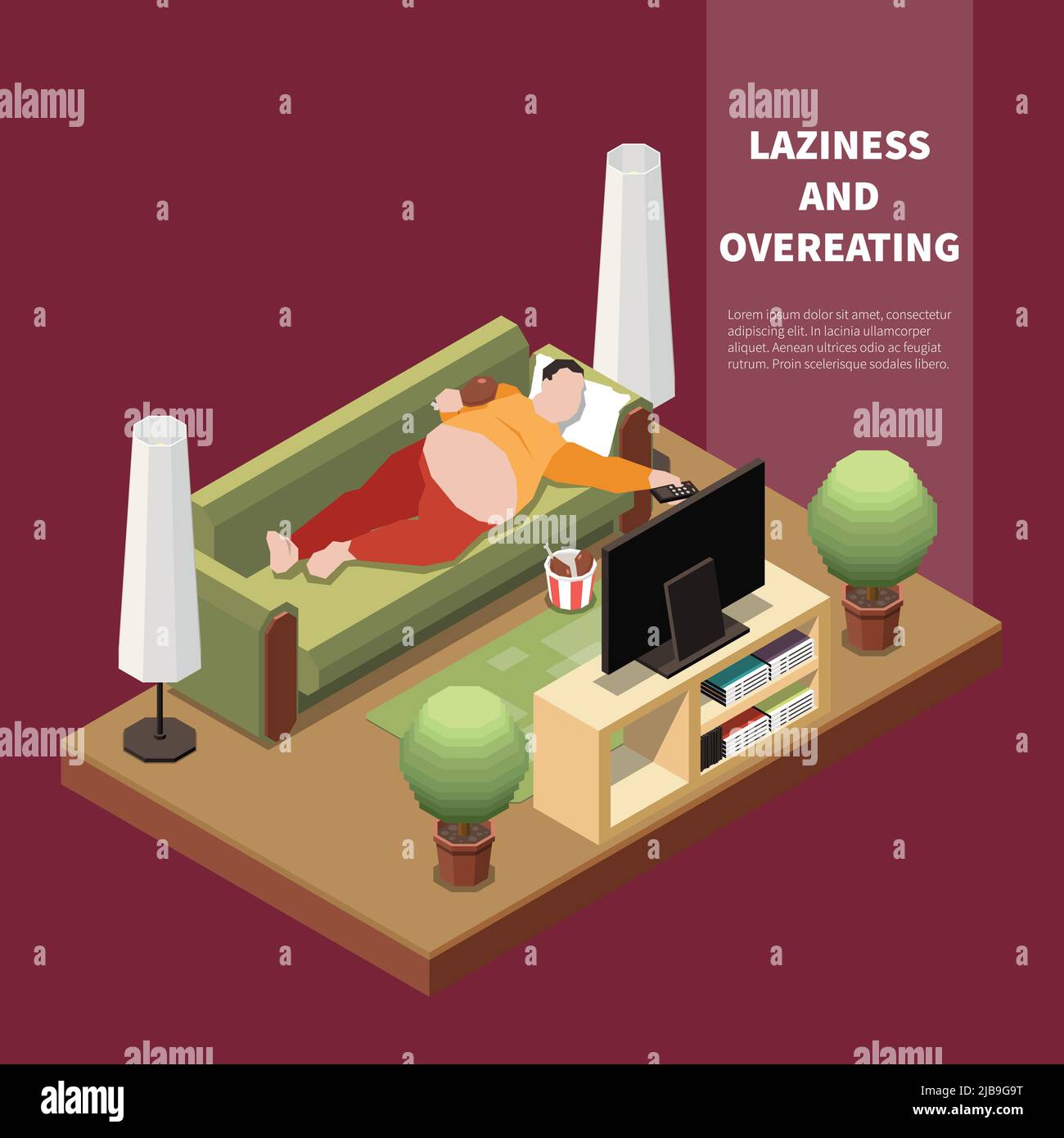 Suffering from gluttony fat man lying on sofa eating fast food chicken ...