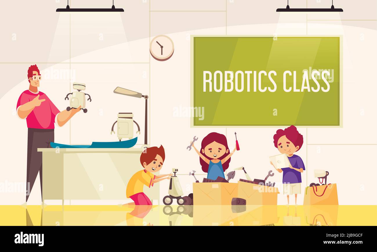 Robotics class background with little children children creating ...