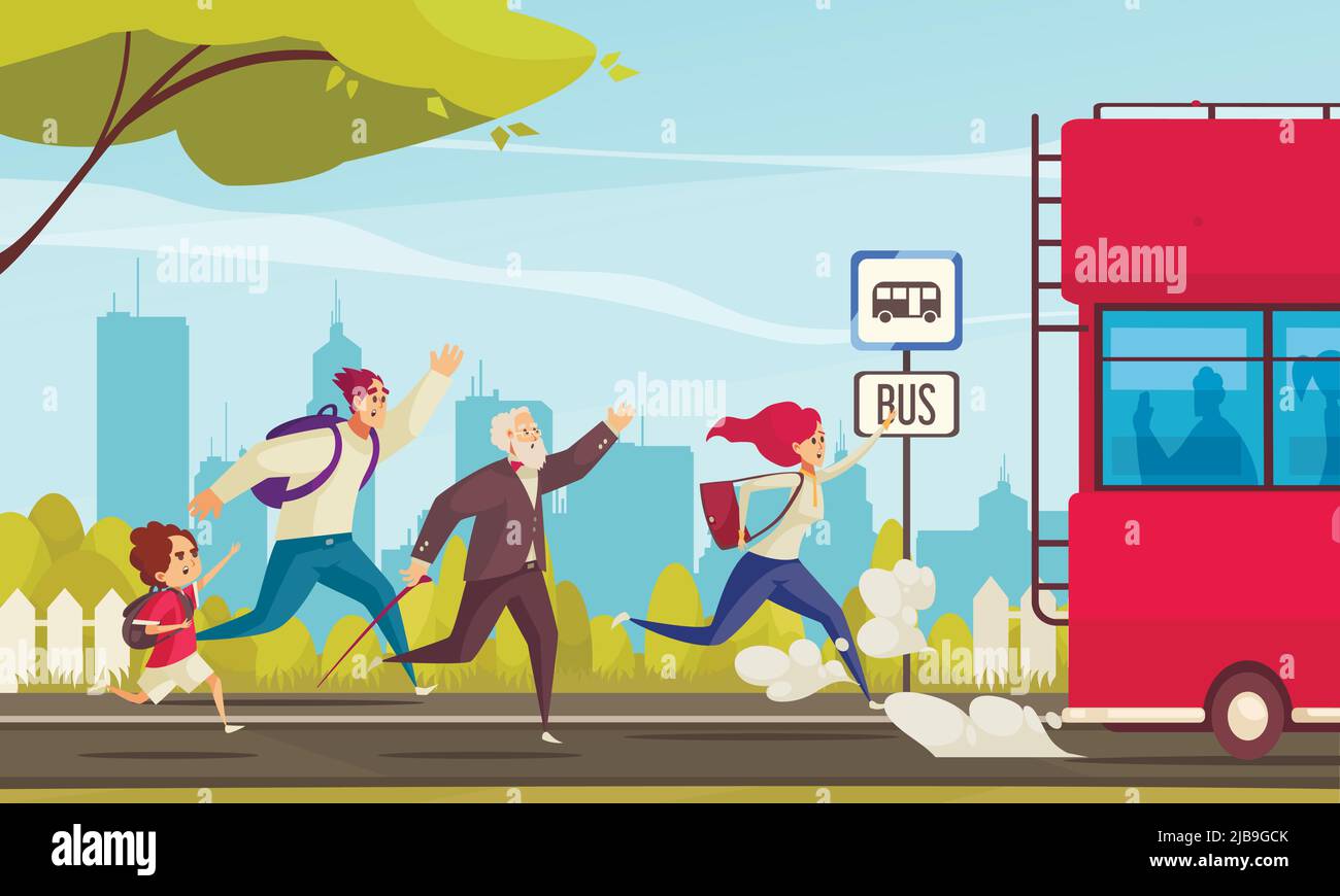 Colored poster illustrated running people lagging behind bus at city ...