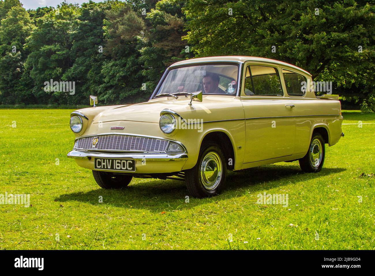 1965 60s sixties yellow Ford Anglia 997 cc petrol saloon arriving in ...