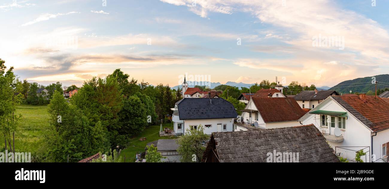 A panorama picture of the town of Sostro, near Ljubljana, at sunset ...