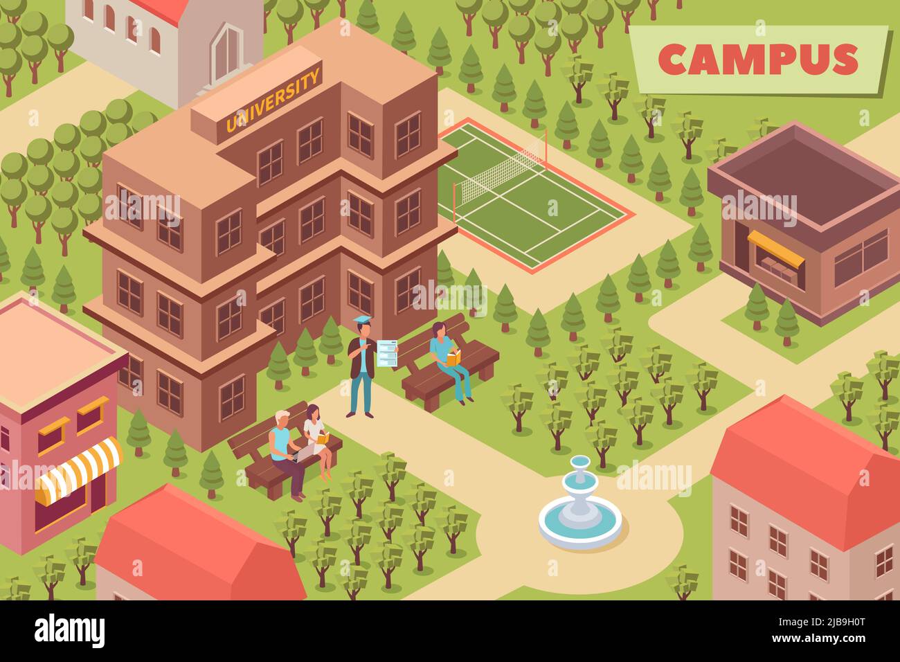 Campus isometric background with university building park area and ...
