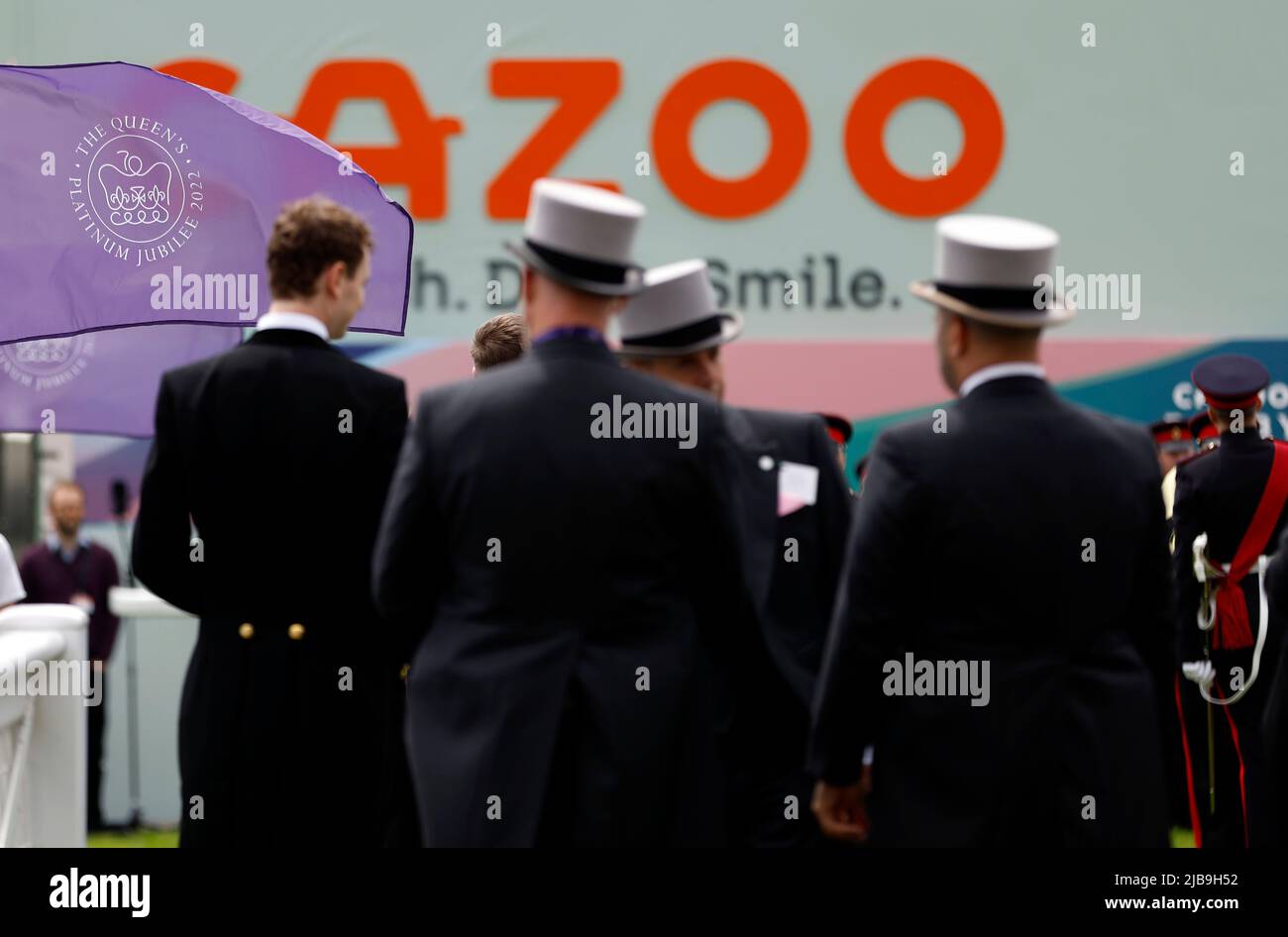 A Queen’s Platinum Jubilee flag and racegoers on Derby Day during the ...