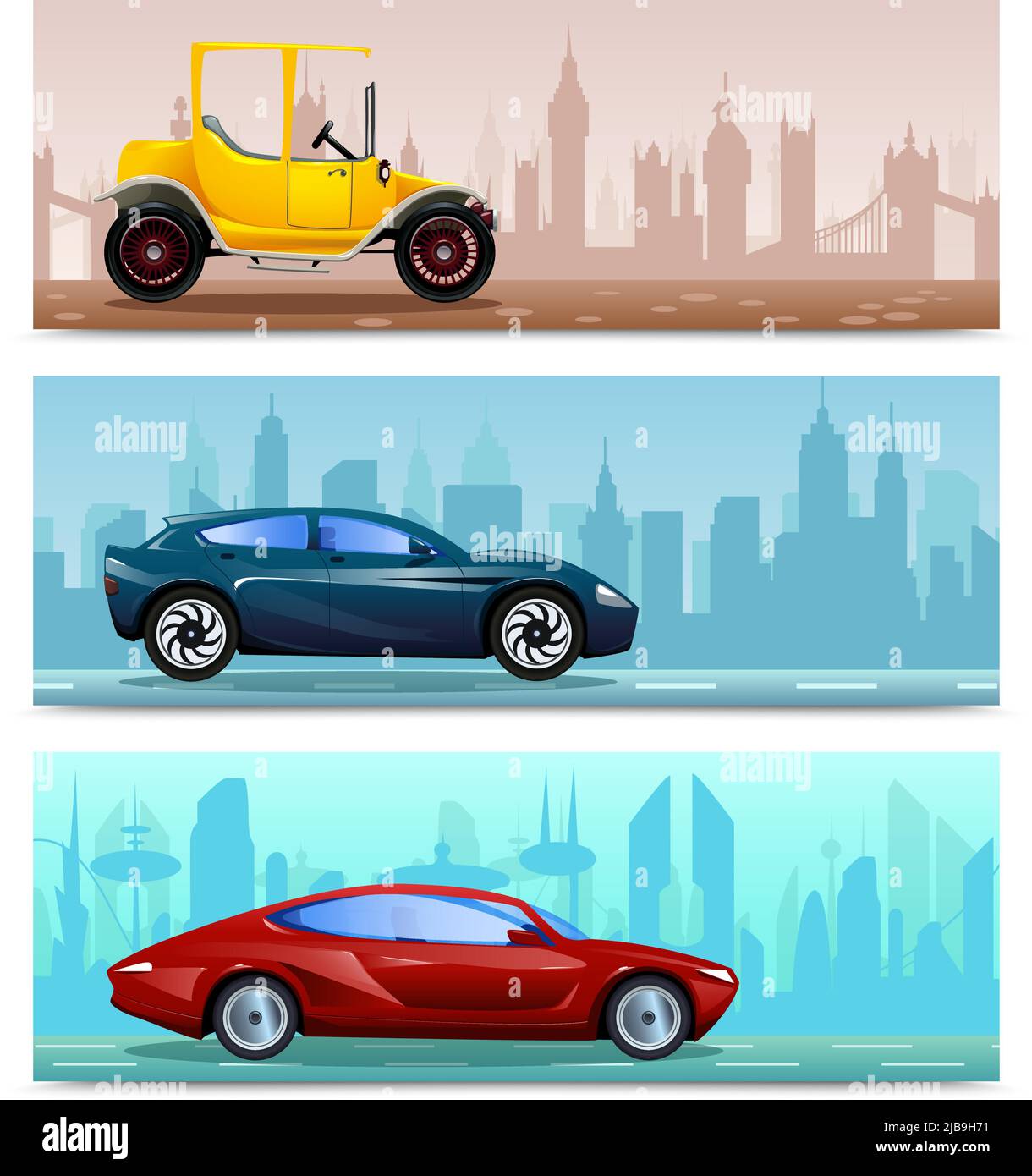 Flat set of three horizontal banners with car evolution symbols on ...