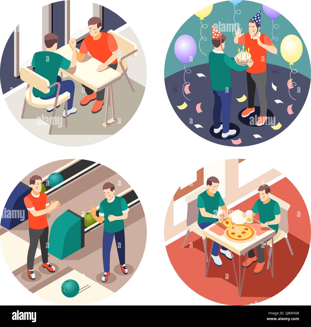 True male friendship 4x1 isometric icons set with men celebrating ...