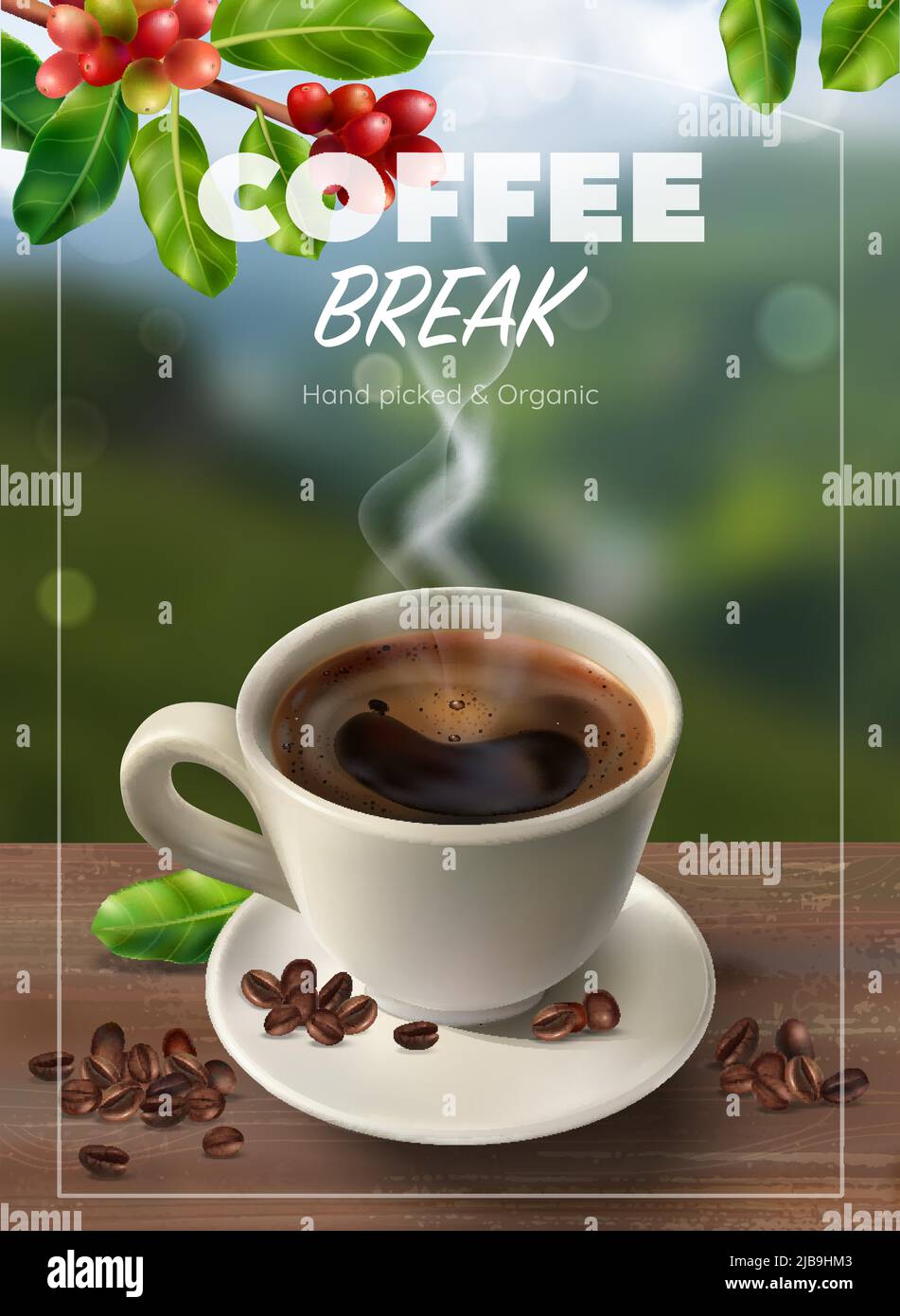 Realistic coffee vertical advertising poster with coffee break hand ...