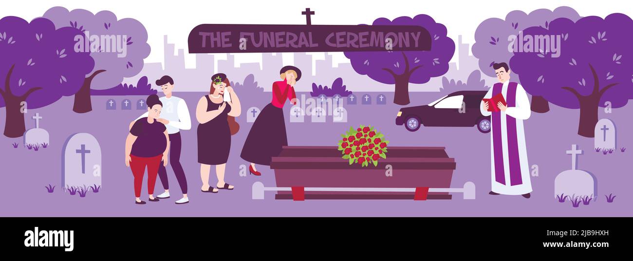 Funeral ceremony on cemetery vector illustration with weeping people ...