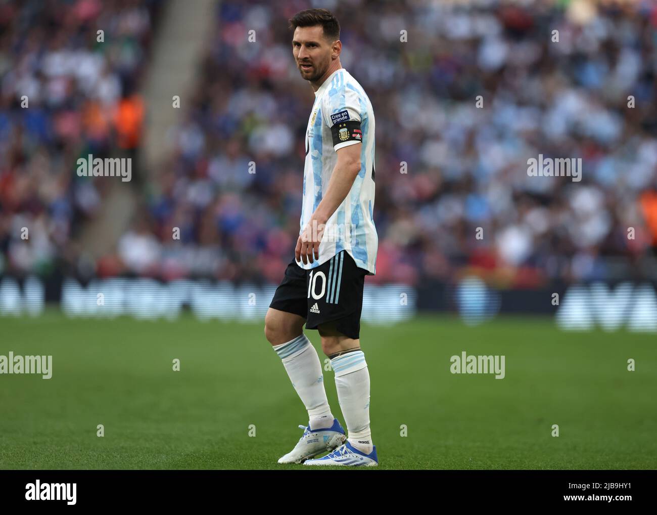 London, England, 1st June 2022. Lionel Messi of Argentina looks across ...