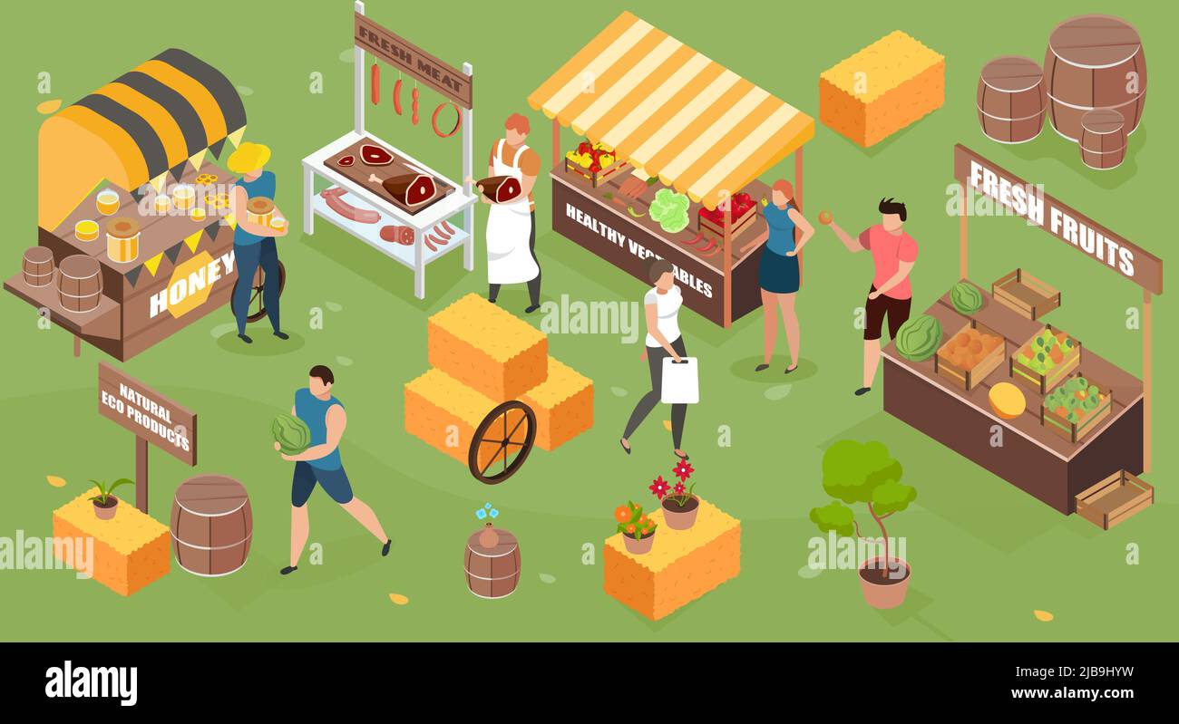 Farm market isometric composition with outdoor scenery people and ...