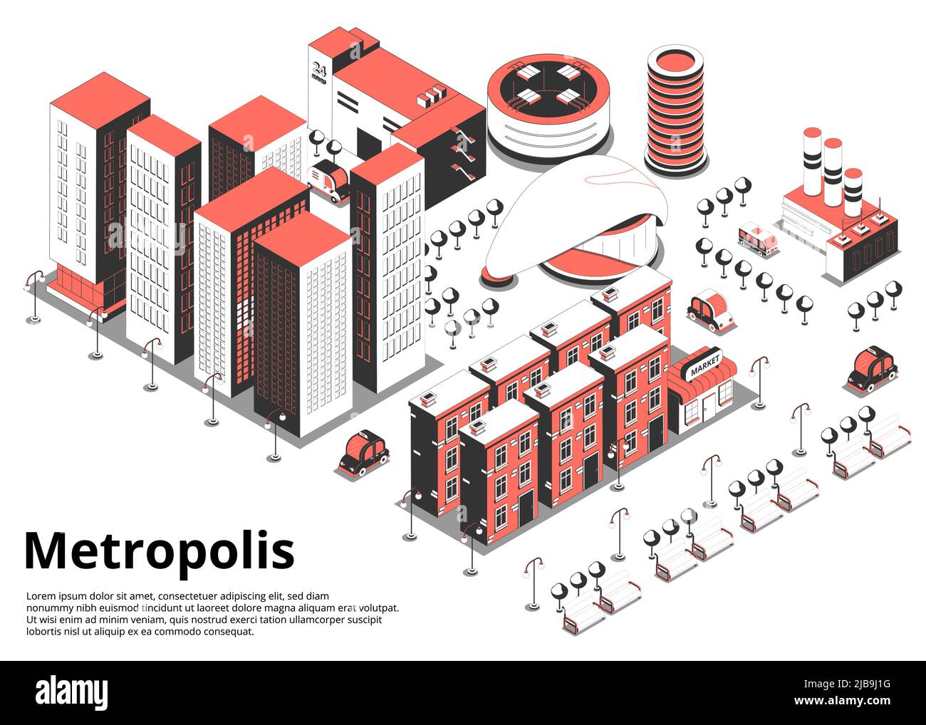 Metropolis street isometric background with text and birds eye view of ...