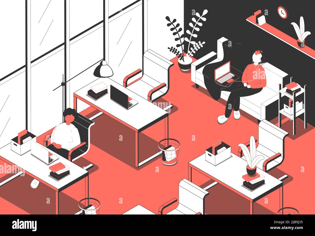 Office isometric composition with indoor view of working area with ...