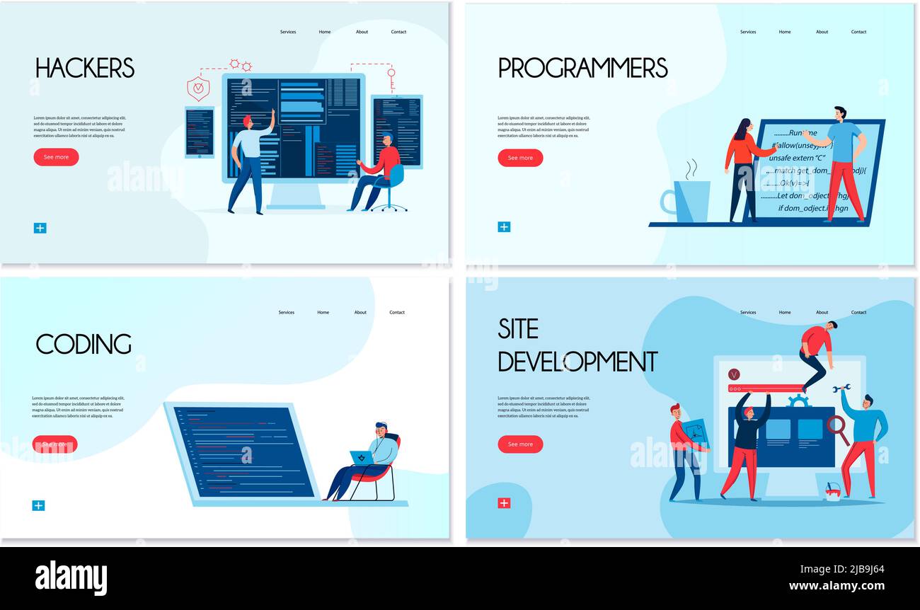 Flat design set of four horizontal banners with hackers and programmers at work isolated vector ...