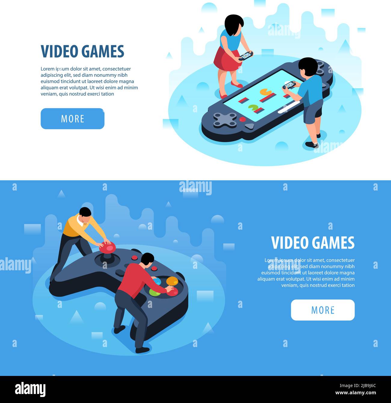 Set of two isometric video game horizontal banners with clickable ...