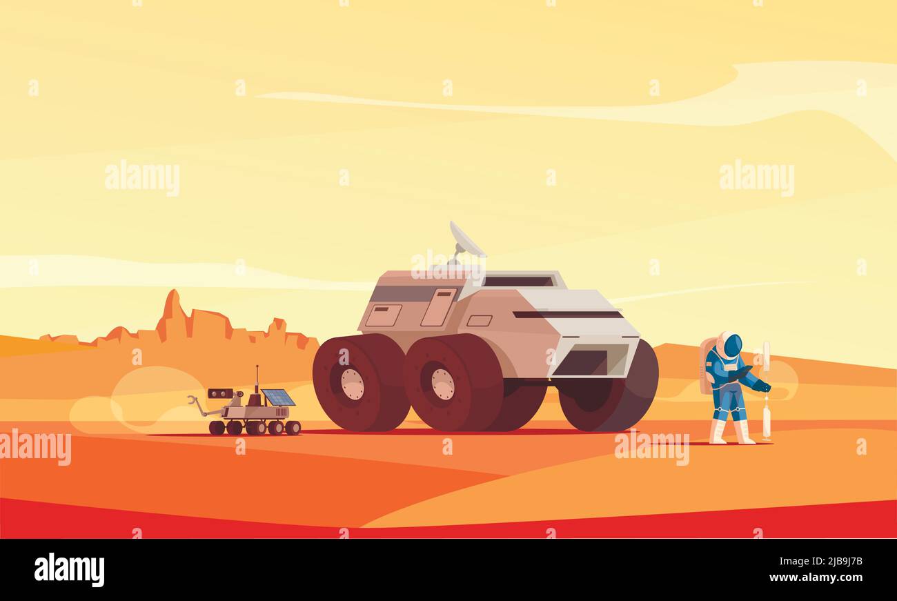 Mars exploration colonization landscape flat composition with rover ...