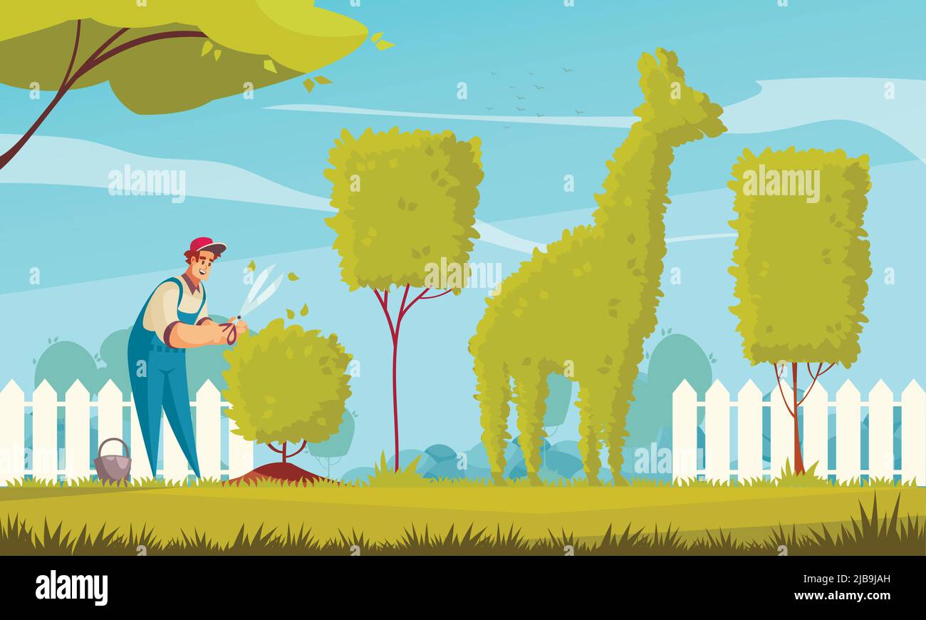 Gardener work background with trees and bushes trimming flat vector ...