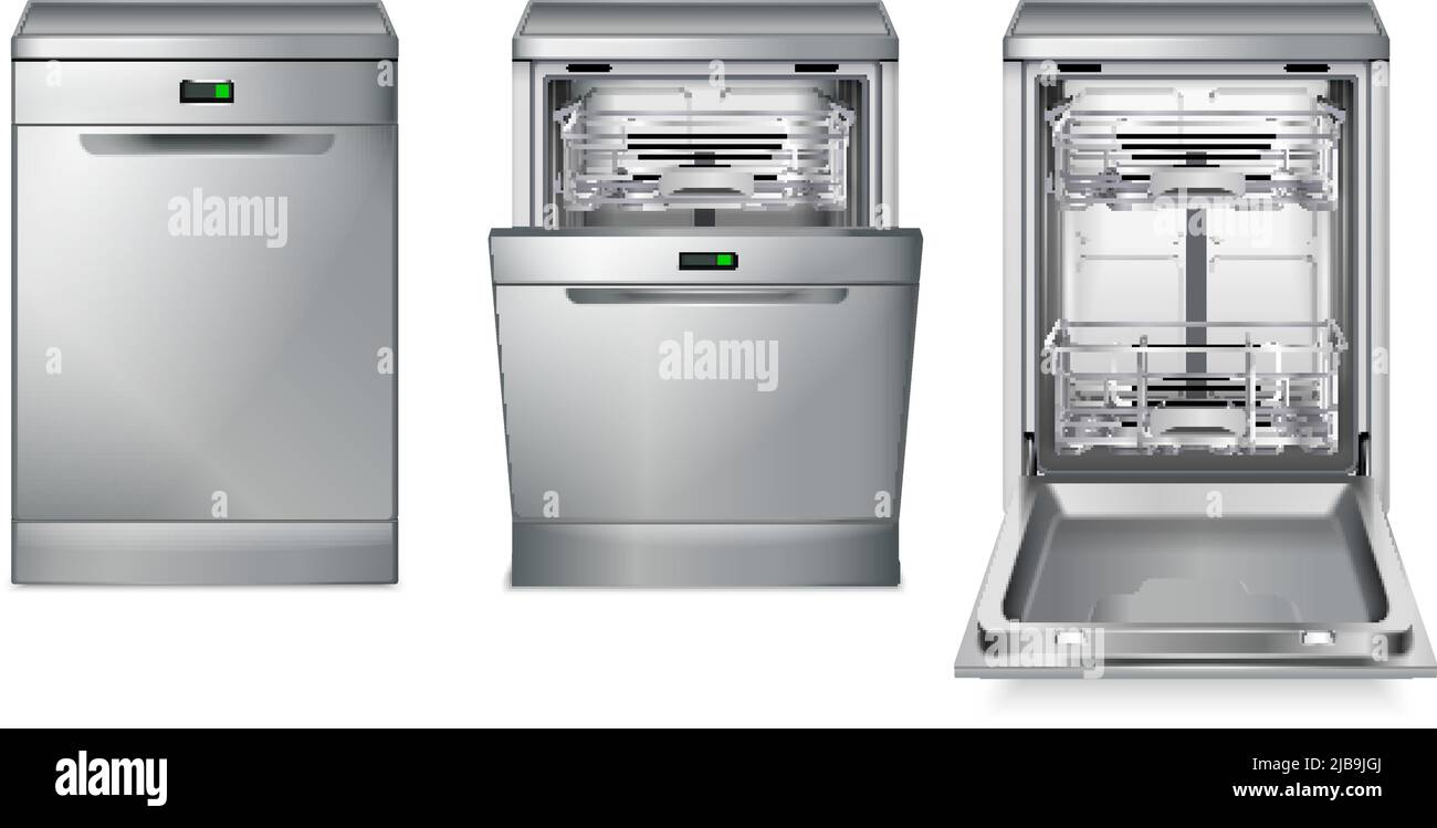 Dishwasher machine grey realistic set with three isolated images with ...