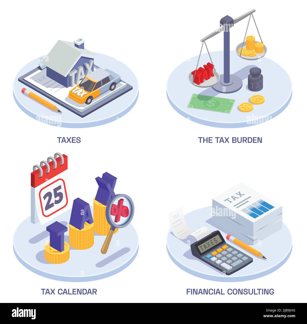 Set of four isolated compositions with taxes accounting isometric images on round platforms with ...