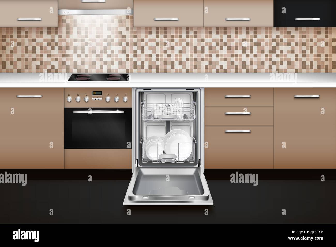 Dishwasher machine interior realistic composition with indoor view of ...