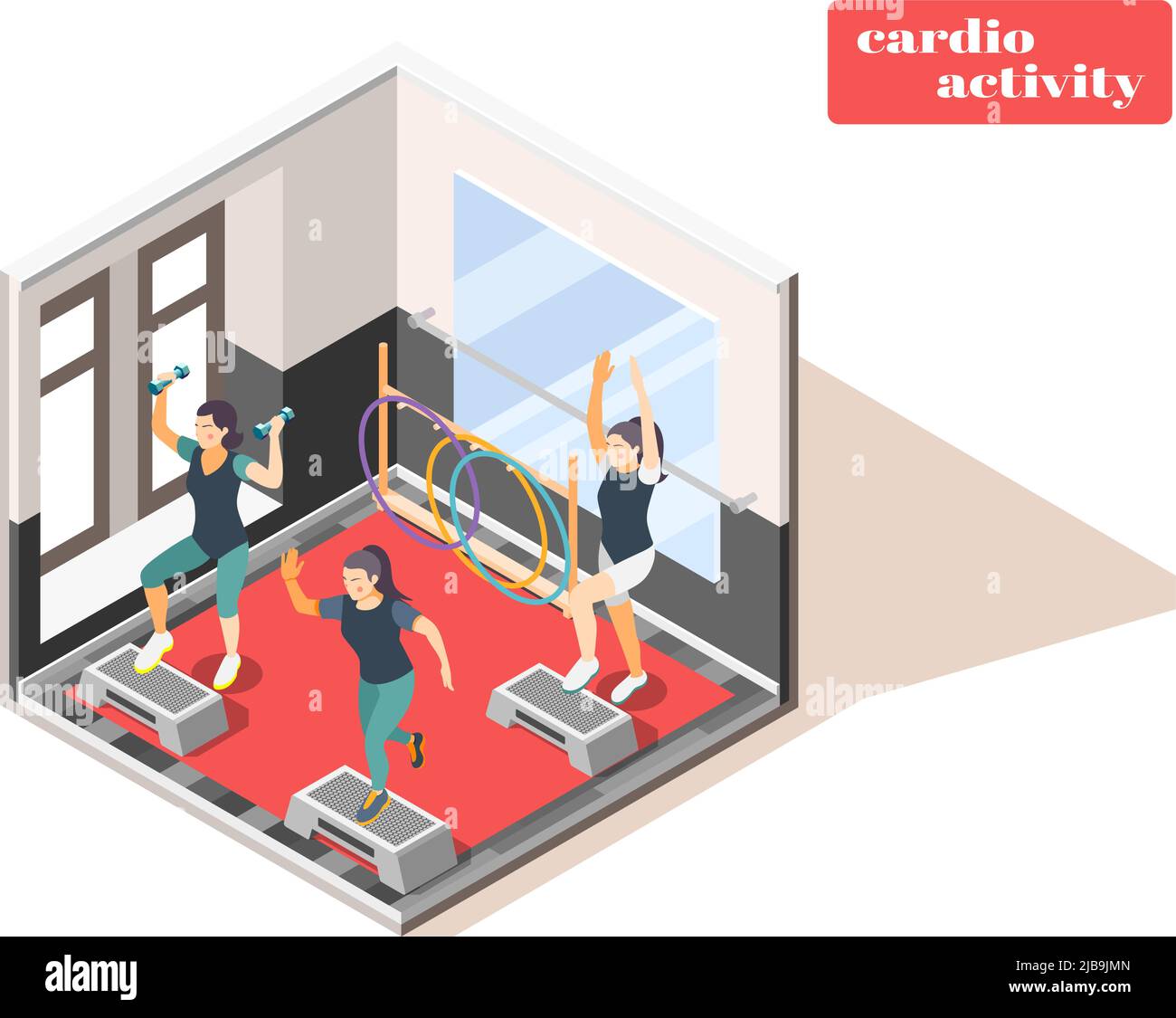 Workout fitness center facility interior isometric composition with ...