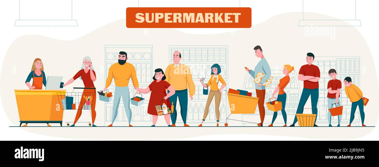 Supermarket and customers horizontal composition with shopping symbols ...