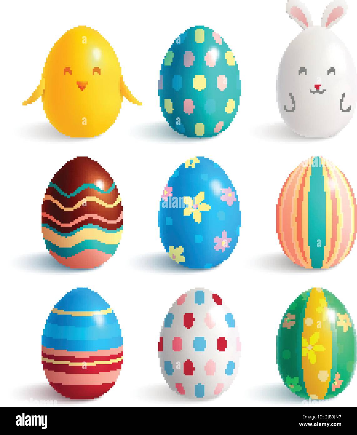 Set of nine easter eggs realistic images with decorative lines and ...