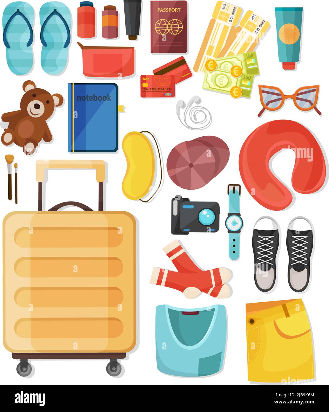 Suitcase composition with set of isolated doodle images with personal ...