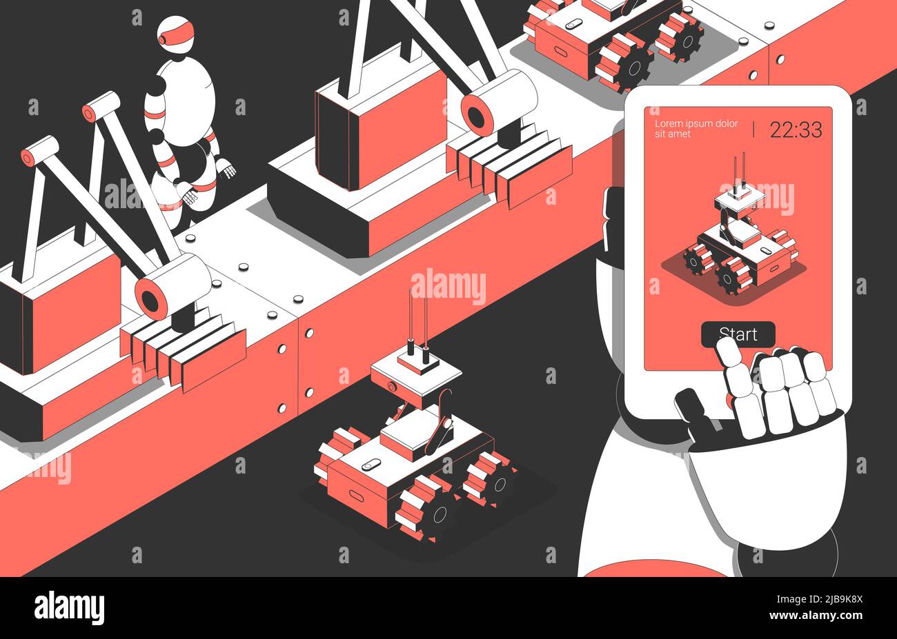 Automated robotic industrial manufacturing assembly line with humanoid ...
