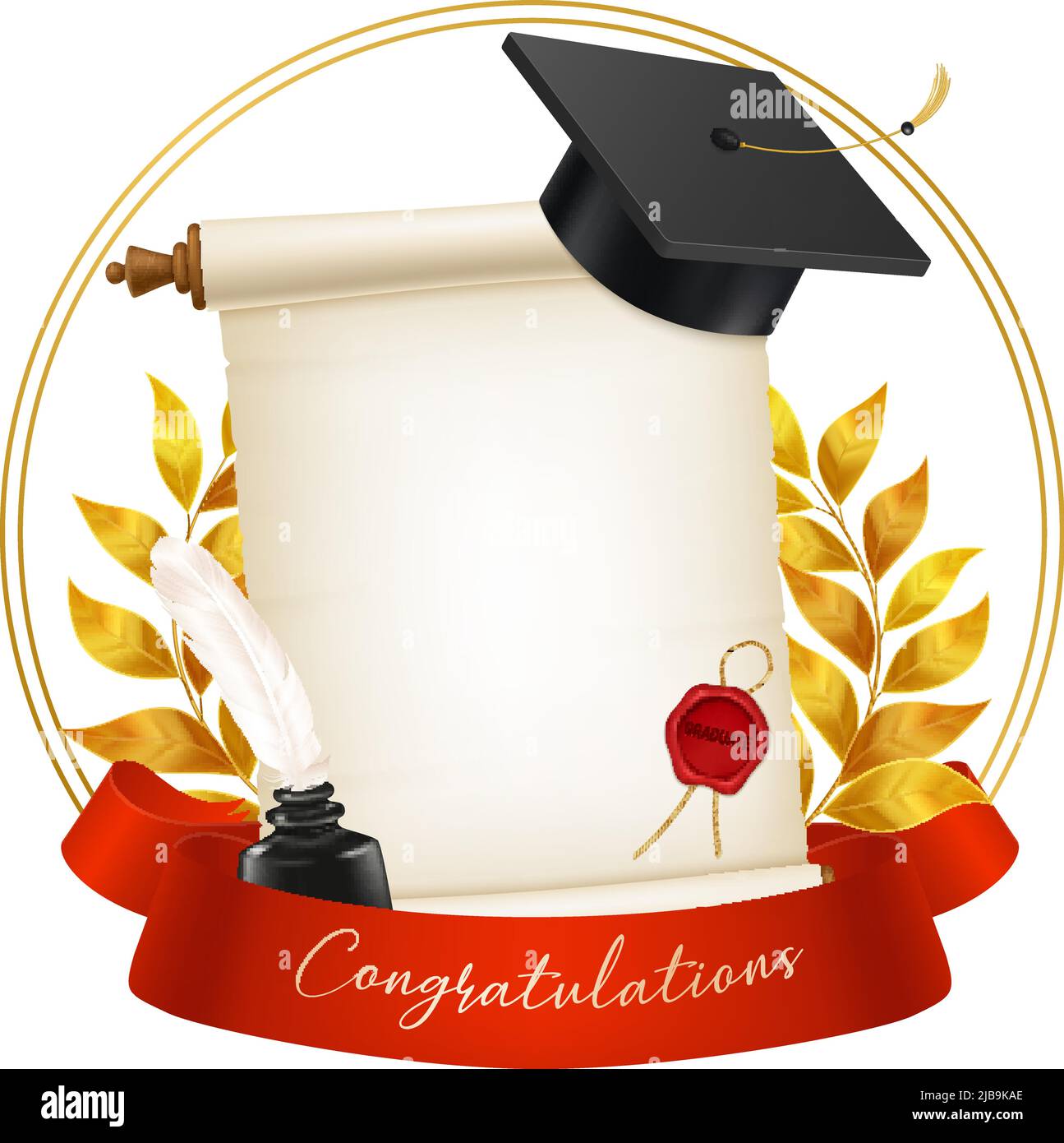 Realistic graduate cap crown of laurel ink pot on white background ...